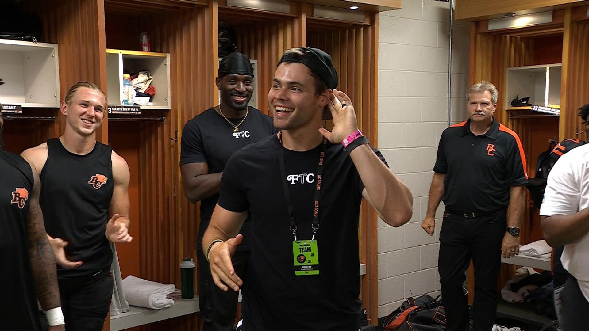 Must See: Former BC Lions QB Rourke celebrates win with the team ...